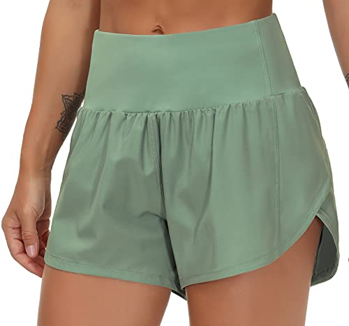 THE GYM PEOPLE Womens High Waisted Running Shorts Quick Dry Athletic Workout Shorts with Mesh Liner Zipper Pockets (Jasmine Green, Small)