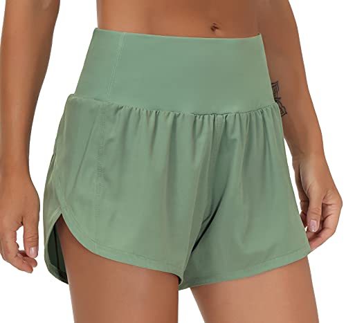 THE GYM PEOPLE Womens High Waisted Running Shorts Quick Dry Athletic Workout Shorts with Mesh Liner Zipper Pockets (Jasmine Green, Small)