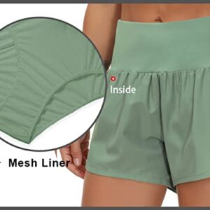 THE GYM PEOPLE Womens High Waisted Running Shorts Quick Dry Athletic Workout Shorts with Mesh Liner Zipper Pockets (Jasmine Green, Small)