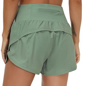 THE GYM PEOPLE Womens High Waisted Running Shorts Quick Dry Athletic Workout Shorts with Mesh Liner Zipper Pockets (Jasmine Green, Small)