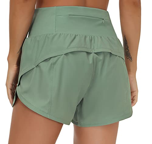 THE GYM PEOPLE Womens High Waisted Running Shorts Quick Dry Athletic Workout Shorts with Mesh Liner Zipper Pockets (Jasmine Green, Small)