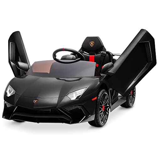 Kidzone Kids Electric Ride On 12V Licensed Lamborghini Aventador Battery Powered Sports Car Toy with 2 Speeds, Parent Control, Sound System, LED Headlights & Hydraulic Doors - Black