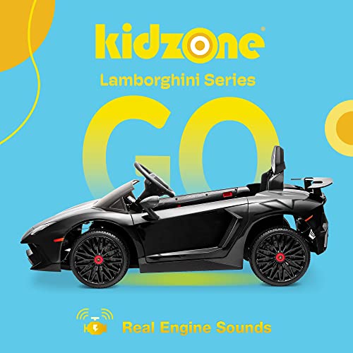 Kidzone Kids Electric Ride On 12V Licensed Lamborghini Aventador Battery Powered Sports Car Toy with 2 Speeds, Parent Control, Sound System, LED Headlights & Hydraulic Doors - Black