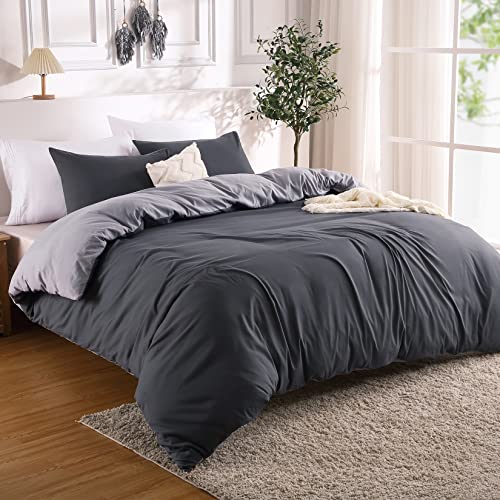 CAROMIO Duvet Cover Queen Size, 3 Pieces Double Brushed Microfiber Duvet Cover Set, All Season Soft Reversible Duvet Cover with Zipper Closure, Charcoal/Silver Grey, 90x90 Inches