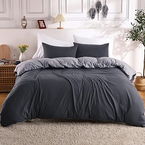 CAROMIO Duvet Cover Queen Size, 3 Pieces Double Brushed Microfiber Duvet Cover Set, All Season Soft Reversible Duvet Cover with Zipper Closure, Charcoal/Silver Grey, 90x90 Inches