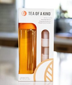 tea of a kind toak reusable water bottle starter kit - includes 3 caps to mix with your water, portable flavor caps (orange bottle)