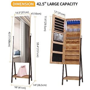 LVSOMT 6 LEDs Freestanding Jewelry Cabinet Armoire with Full-Length Floor Standing Mirror, Lockable Storage Organizer, Dressing Body Mirror, Large Capacity with Cosmetic Bags, Trays, Shelves (Wood)