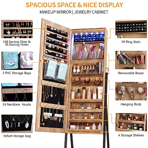 LVSOMT 6 LEDs Freestanding Jewelry Cabinet Armoire with Full-Length Floor Standing Mirror, Lockable Storage Organizer, Dressing Body Mirror, Large Capacity with Cosmetic Bags, Trays, Shelves (Wood)