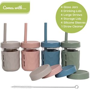 WeeSprout Glass Cups With Lids & Straws, Spill-resistant Cups for Toddlers & Kids, Triple as Toddler Cups, Baby Food Storage & Snack Jars, XL Silicone Straws, Easy-grip Sleeves, Set of four 8 oz jars