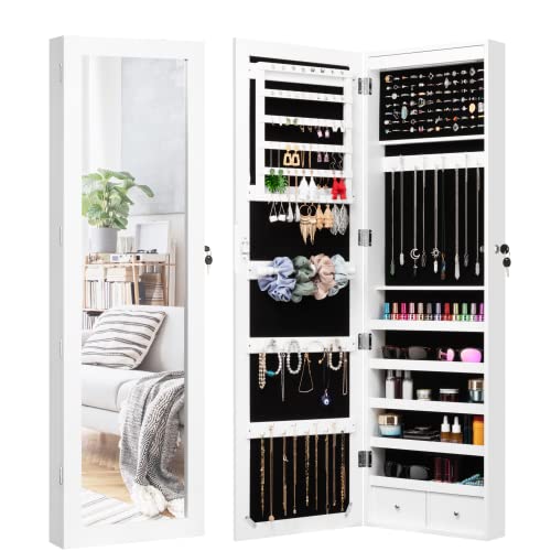 DECOMIL Lockable Jewelry Cabinet with Mirror and LED Lights, Jewelry Armoire with Hanger, White