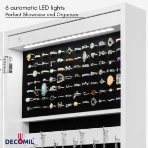 DECOMIL Lockable Jewelry Cabinet with Mirror and LED Lights, Jewelry Armoire with Hanger, White