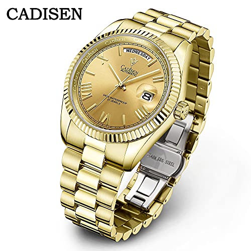 CADISEN Men Automatic Watch Sapphire Luxury Mechanical Wristwatch Stainless Steel Waterproof Watch Men MIYOTA8285 (Gold)