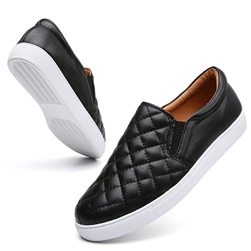 Slip On Sneaker for Womens Loafers Quilted Leather Shoes Non Slip Comfort Casual Memory Foam Rubber Sole Flat Black US 8