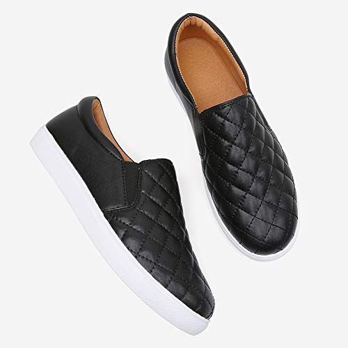 Slip On Sneaker for Womens Loafers Quilted Leather Shoes Non Slip Comfort Casual Memory Foam Rubber Sole Flat Black US 8