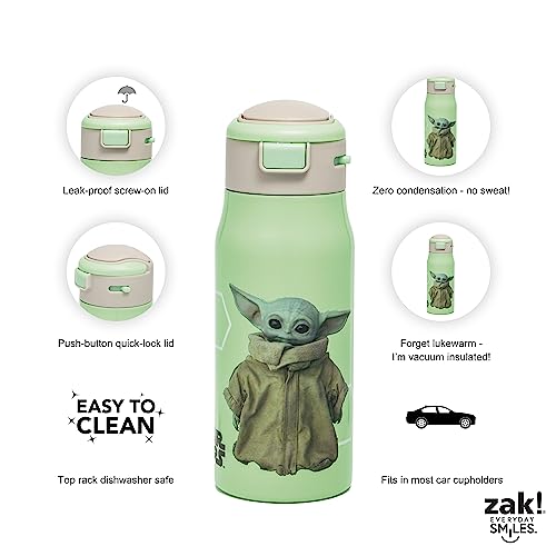 Zak Designs Star Wars Double-Wall Vacuum Insulated, 18/8 Stainless Steel Kids Mesa Water Bottle with Flip-Up Straw Spout and Locking Spout Cover, Durable Cup for Sports or Travel (13.5 oz,The Child)