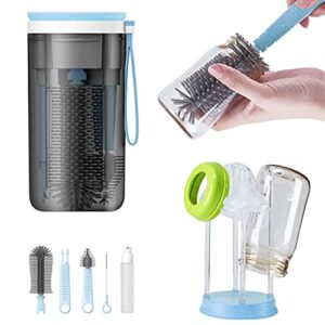 travel baby bottle drying rack with bottle cleaning brush set and bottle dryer,baby bottle brush,nipple brush and straw brush for baby bottle cleaning,blue