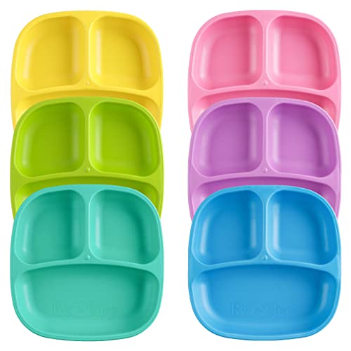 Re Play 6pk - 7" Divided Plates for Baby, Toddler & Child Feeding in Yellow, Lime, Pink, Purple, Aqua & Sky Blue - BPA Free- Made in USA from Eco Friendly Recycled Milk Jugs - Sorbet - Set of 6