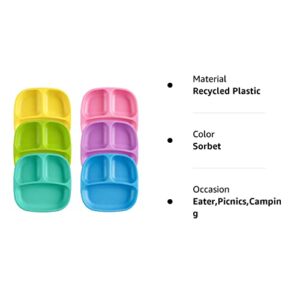 Re Play 6pk - 7" Divided Plates for Baby, Toddler & Child Feeding in Yellow, Lime, Pink, Purple, Aqua & Sky Blue - BPA Free- Made in USA from Eco Friendly Recycled Milk Jugs - Sorbet - Set of 6