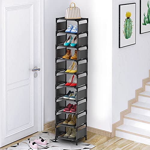 sunvito shoe rack 10 tiers, Space saving 10 pairs tall shoes organizer shoe shelves, Narrow shoe rack stackable cubby storage for entryway,closet,cabinet,bedroom,garage,wardrobe, over door,hallway