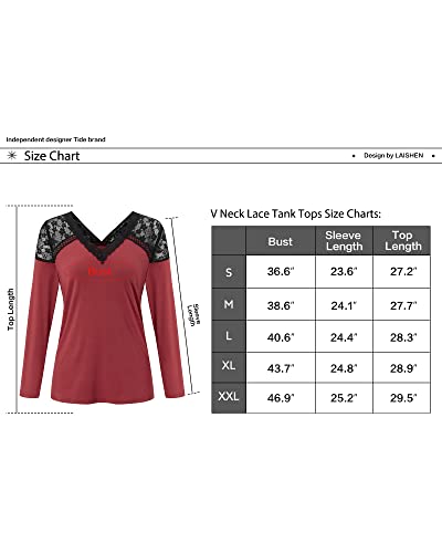 LAISHEN Women's V Neck Crochet Lace Trim Long Sleeve Casual Loose Blouses Tunic Tops(Red,M)