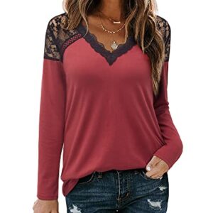 LAISHEN Women's V Neck Crochet Lace Trim Long Sleeve Casual Loose Blouses Tunic Tops(Red,M)