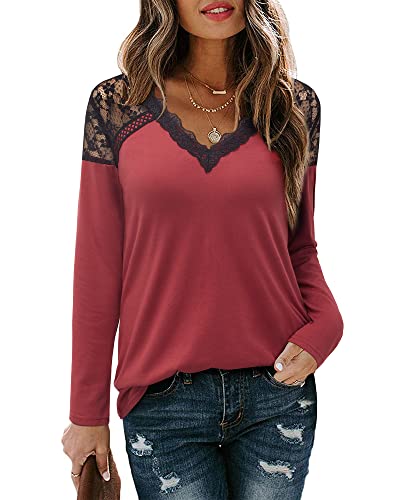 LAISHEN Women's V Neck Crochet Lace Trim Long Sleeve Casual Loose Blouses Tunic Tops(Red,M)