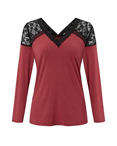 LAISHEN Women's V Neck Crochet Lace Trim Long Sleeve Casual Loose Blouses Tunic Tops(Red,M)