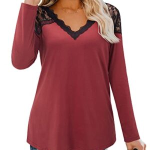 LAISHEN Women's V Neck Crochet Lace Trim Long Sleeve Casual Loose Blouses Tunic Tops(Red,M)