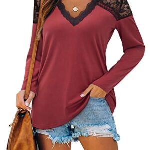 LAISHEN Women's V Neck Crochet Lace Trim Long Sleeve Casual Loose Blouses Tunic Tops(Red,M)