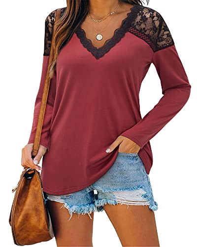 LAISHEN Women's V Neck Crochet Lace Trim Long Sleeve Casual Loose Blouses Tunic Tops(Red,M)