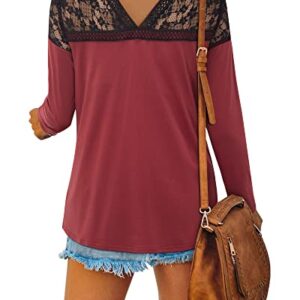 LAISHEN Women's V Neck Crochet Lace Trim Long Sleeve Casual Loose Blouses Tunic Tops(Red,M)