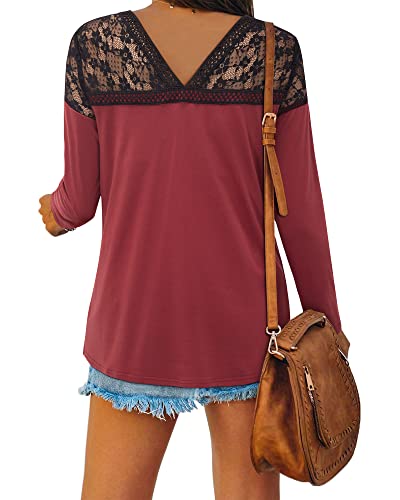 LAISHEN Women's V Neck Crochet Lace Trim Long Sleeve Casual Loose Blouses Tunic Tops(Red,M)