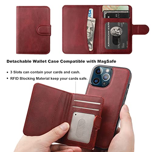 Bocasal Wallet Case for iPhone 13 Pro Max Compatible with MagSafe Magnetic RFID Blocking Detachable Premium PU Leather Flip Case with Card Slots Holder Kickstand Wireless Charging 6.7 Inch (Wine Red)