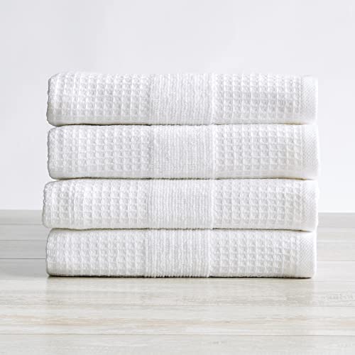 Great Bay Home 100% Cotton Waffle Weave Bathroom Towels. Absorbent Quick-Dry Plush Bath Towels. Soleia Collection (Hand Towel (4-Pack), White)