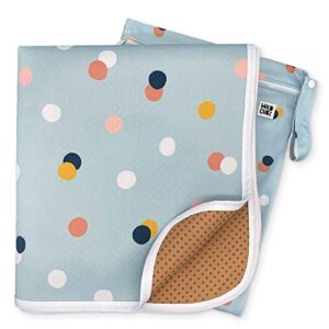 wildcubz 51" heavy duty baby splat mat for under high chair | includes wet bag | premium washable toddler mat | baby led weaning | high chair mat for floor | craft mat | splash mat (dots)