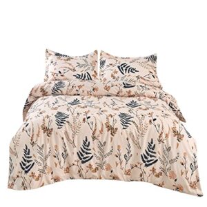 jsd 3 piece blush floral duvet cover set queen, soft botanical printed microfiber comforter cover zipper closure corner ties