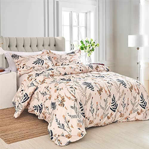 JSD 3 Pcs Blush Pink Floral Duvet Cover Set King Size, Soft Botanical Printed Microfiber Comforter Cover Zipper Closure Corner Ties