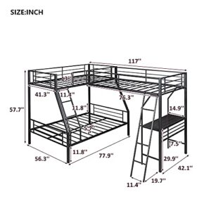 VOGU Metal Triple Bunk Beds, Twin Over Full Bunk Bed Attached Twin Loft Bed with Desk, L-Shape Triple Beds Frame with Ladders and Guardrails, Safe Design for Kids Teens Adults, Black-3