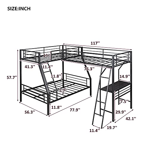 VOGU Metal Triple Bunk Beds, Twin Over Full Bunk Bed Attached Twin Loft Bed with Desk, L-Shape Triple Beds Frame with Ladders and Guardrails, Safe Design for Kids Teens Adults, Black-3