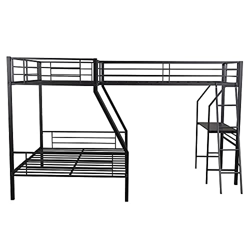 VOGU Metal Triple Bunk Beds, Twin Over Full Bunk Bed Attached Twin Loft Bed with Desk, L-Shape Triple Beds Frame with Ladders and Guardrails, Safe Design for Kids Teens Adults, Black-3