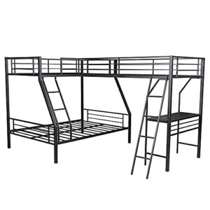 VOGU Metal Triple Bunk Beds, Twin Over Full Bunk Bed Attached Twin Loft Bed with Desk, L-Shape Triple Beds Frame with Ladders and Guardrails, Safe Design for Kids Teens Adults, Black-3