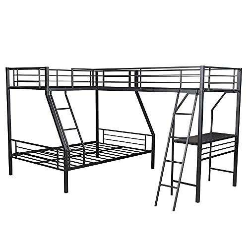 VOGU Metal Triple Bunk Beds, Twin Over Full Bunk Bed Attached Twin Loft Bed with Desk, L-Shape Triple Beds Frame with Ladders and Guardrails, Safe Design for Kids Teens Adults, Black-3