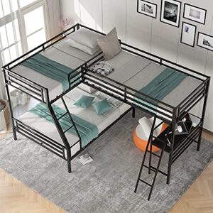 VOGU Metal Triple Bunk Beds, Twin Over Full Bunk Bed Attached Twin Loft Bed with Desk, L-Shape Triple Beds Frame with Ladders and Guardrails, Safe Design for Kids Teens Adults, Black-3