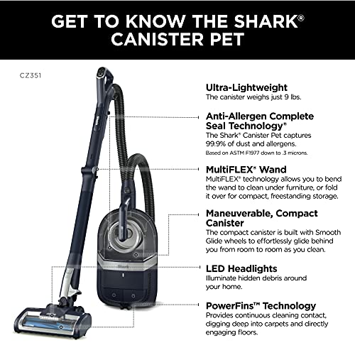 Shark CZ351 Pet Canister Vacuum, Bagless, Corded with Self-Cleaning Brushroll & PowerFins, Navy & Silver