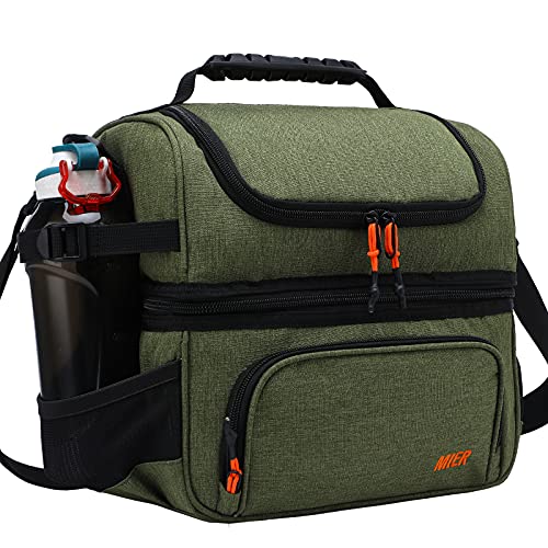 MIER Dual Compartment Lunch Bag Tote with Shoulder Strap for Men and Women Insulated Leakproof Cooler Bag, Army Green