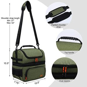 MIER Dual Compartment Lunch Bag Tote with Shoulder Strap for Men and Women Insulated Leakproof Cooler Bag, Army Green