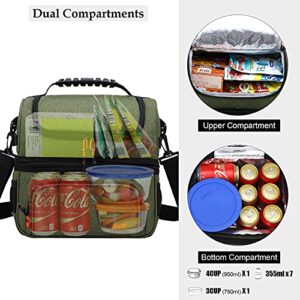 MIER Dual Compartment Lunch Bag Tote with Shoulder Strap for Men and Women Insulated Leakproof Cooler Bag, Army Green