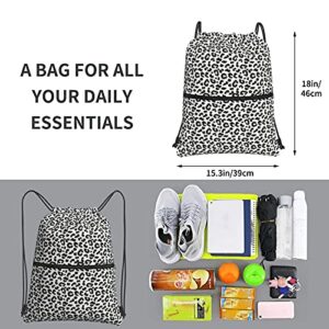 Huatansy Women's Drawstring Backpack String Bag Sports Cinch Sackpack Gym Sack Training Gymsack Yoga Bags with Zipper Pocket (Leopard Print)