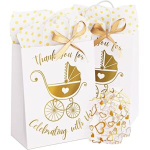 12 pack baby shower gifts bag with tissue paper and ribbons - gold baby shower gifts bags medium size, baby gift bags for baby shower, baby boy gift bag, baby girl gift bag, gender reveal gift bag bulk (8"l x 4.5"w x 10"h, white)