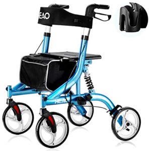 heao rollator walker with seat for seniors,4 x 10" wheels upright walker with shock absorber,padded backrest and one-hand folding design,lightweight mobility walking aid with handle to stand up,blue